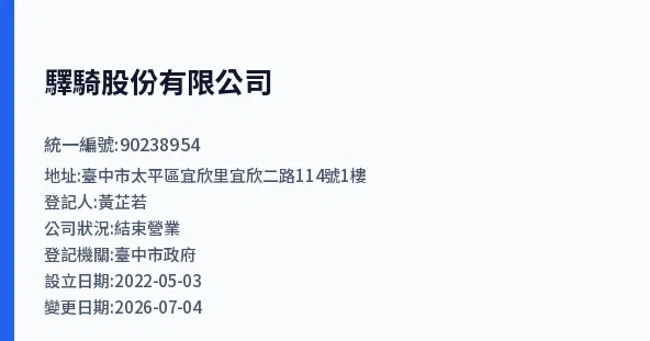 驛騎股份有限公司的照片-統編 90238954(臺中市) 公司登記資料與營業項目詳細圖表