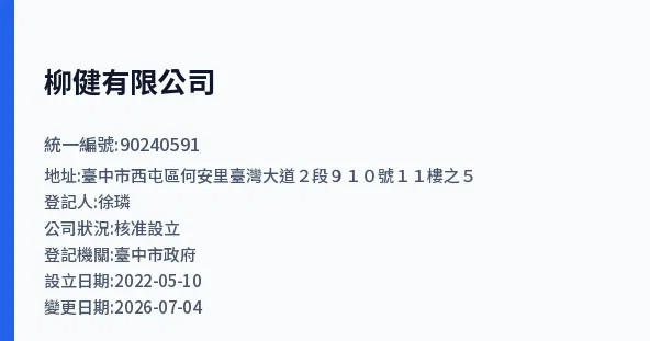 柳健有限公司的照片-統編 90240591(臺中市) 公司登記資料與營業項目詳細圖表