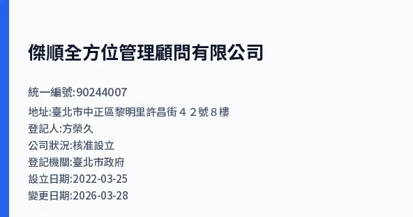傑順全方位管理顧問有限公司的照片-統編 90244007(臺北市) 公司登記資料與營業項目詳細圖表