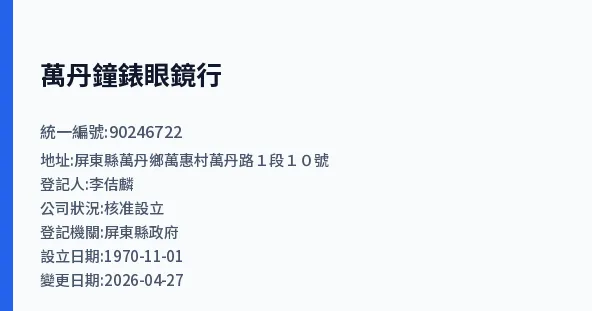 萬丹鐘錶眼鏡行的照片-統編 90246722(屏東縣) 公司登記資料與營業項目詳細圖表