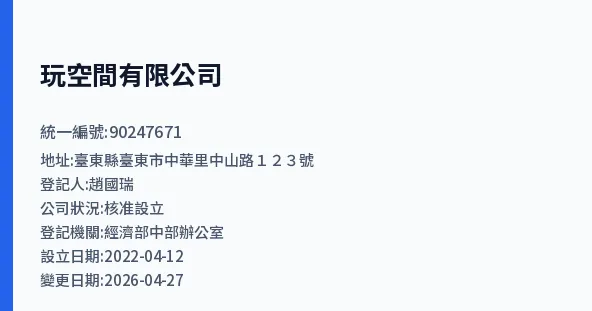 玩空間有限公司的照片-統編 90247671(臺東縣) 公司登記資料與營業項目詳細圖表