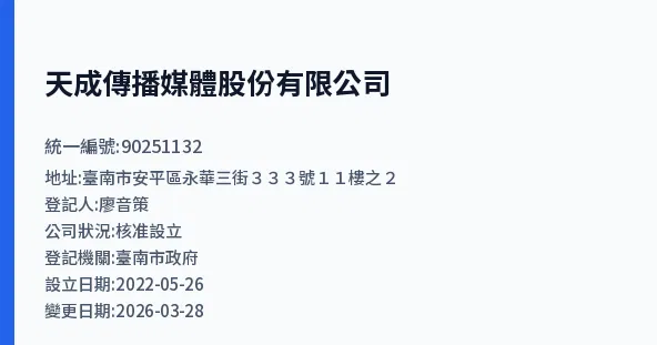 天成傳播媒體股份有限公司的照片-統編 90251132(臺南市) 公司登記資料與營業項目詳細圖表