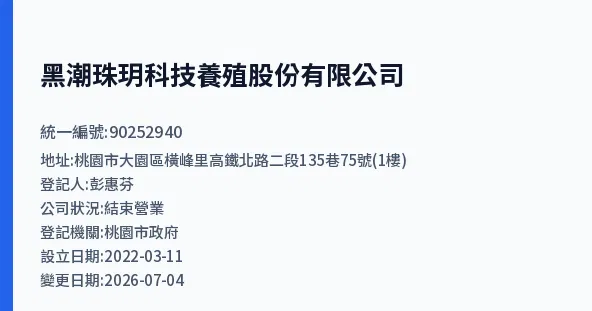 黑潮珠玥科技養殖股份有限公司的照片-統編 90252940(桃園市) 公司登記資料與營業項目詳細圖表