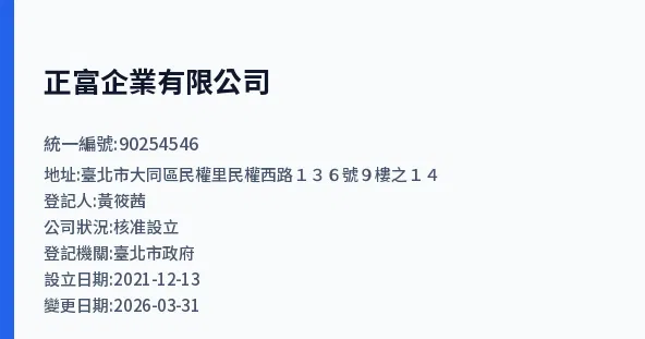 正富企業有限公司的照片-統編 90254546(臺北市) 公司登記資料與營業項目詳細圖表