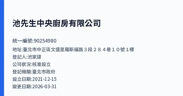 池先生中央廚房有限公司的照片-統編 90254980(臺北市) 公司登記資料與營業項目詳細圖表