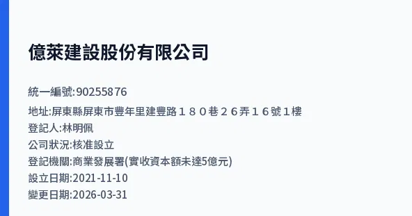 億萊建設股份有限公司的照片-統編 90255876(屏東縣) 公司登記資料與營業項目詳細圖表