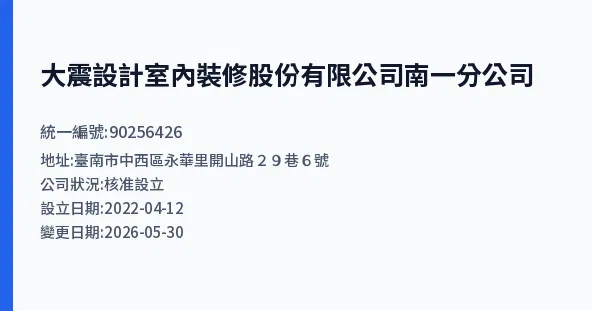 大震設計室內裝修股份有限公司南一分公司的照片-統編 90256426(臺南市) 公司登記資料與營業項目詳細圖表