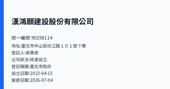 漢鴻願建設股份有限公司的照片-統編 90258114(臺北市) 公司登記資料與營業項目詳細圖表