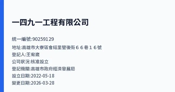 一四九一工程有限公司的照片-統編 90259129(高雄市) 公司登記資料與營業項目詳細圖表