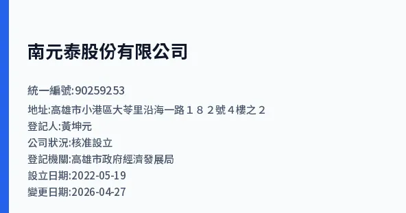 南元泰股份有限公司的照片-統編 90259253(高雄市) 公司登記資料與營業項目詳細圖表