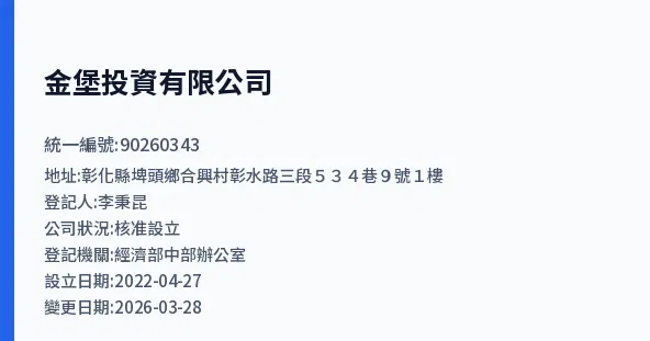 金堡投資有限公司的照片-統編 90260343(彰化縣) 公司登記資料與營業項目詳細圖表