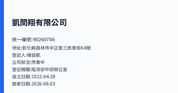 凱閔翔有限公司的照片-統編 90260786(彰化縣) 公司登記資料與營業項目詳細圖表