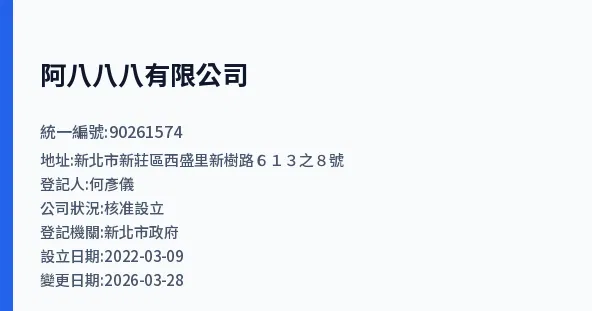 阿八八八有限公司的照片-統編 90261574(新北市) 公司登記資料與營業項目詳細圖表