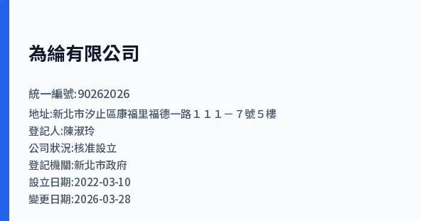 為綸有限公司的照片-統編 90262026(新北市) 公司登記資料與營業項目詳細圖表