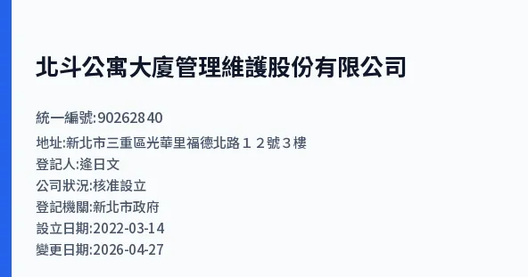 北斗公寓大廈管理維護股份有限公司的照片-統編 90262840(新北市) 公司登記資料與營業項目詳細圖表