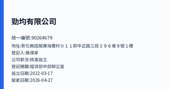 勁均有限公司的照片-統編 90264679(彰化縣) 公司登記資料與營業項目詳細圖表