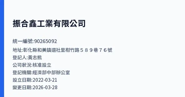 振合鑫工業有限公司的照片-統編 90265092(彰化縣) 公司登記資料與營業項目詳細圖表