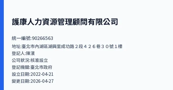 護康人力資源管理顧問有限公司的照片-統編 90266563(臺北市) 公司登記資料與營業項目詳細圖表