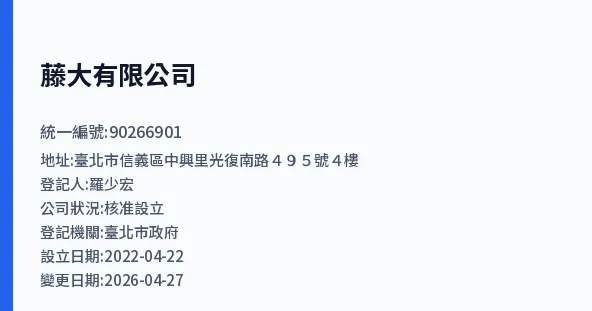 藤大有限公司的照片-統編 90266901(臺北市) 公司登記資料與營業項目詳細圖表