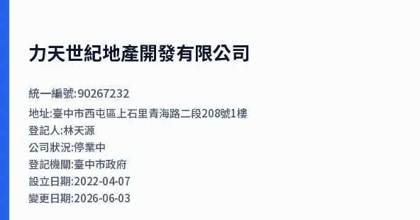 力天世紀地產開發有限公司的照片-統編 90267232(臺中市) 公司登記資料與營業項目詳細圖表