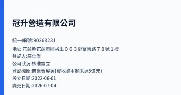 冠升營造有限公司的照片-統編 90268231(花蓮縣) 公司登記資料與營業項目詳細圖表