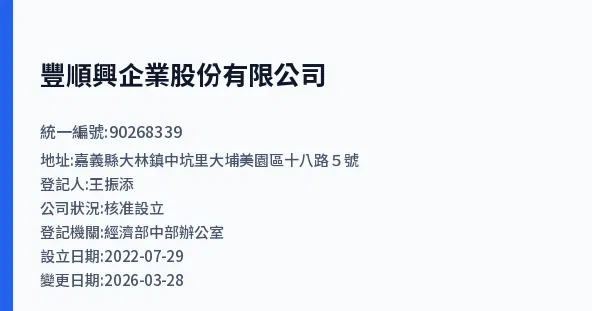 豐順興企業股份有限公司的照片-統編 90268339(嘉義縣) 公司登記資料與營業項目詳細圖表