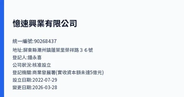 憶速興業有限公司的照片-統編 90268437(屏東縣) 公司登記資料與營業項目詳細圖表