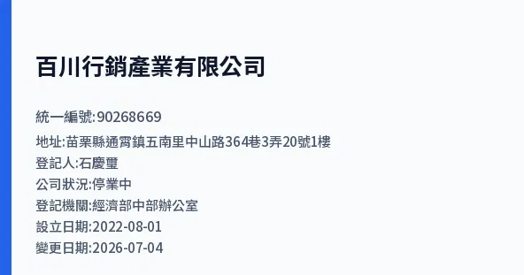 百川行銷產業有限公司的照片-統編 90268669(苗栗縣) 公司登記資料與營業項目詳細圖表