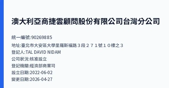 澳大利亞商捷雲顧問股份有限公司台灣分公司的照片-統編 90269885(臺北市) 公司登記資料與營業項目詳細圖表