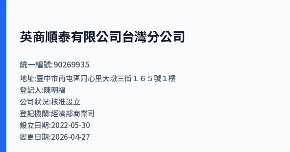 英商順泰有限公司台灣分公司的照片-統編 90269935(臺中市) 公司登記資料與營業項目詳細圖表