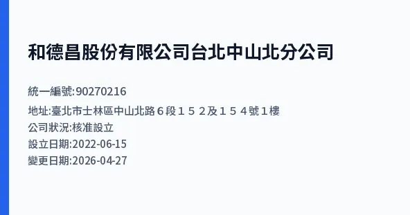 和德昌股份有限公司台北中山北分公司的照片-統編 90270216(臺北市) 公司登記資料與營業項目詳細圖表