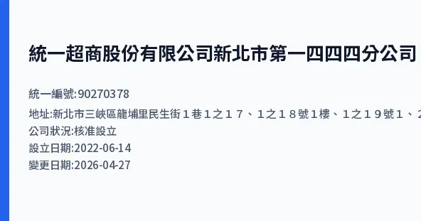 統一超商股份有限公司新北市第一四四四分公司的照片-統編 90270378(新北市) 公司登記資料與營業項目詳細圖表