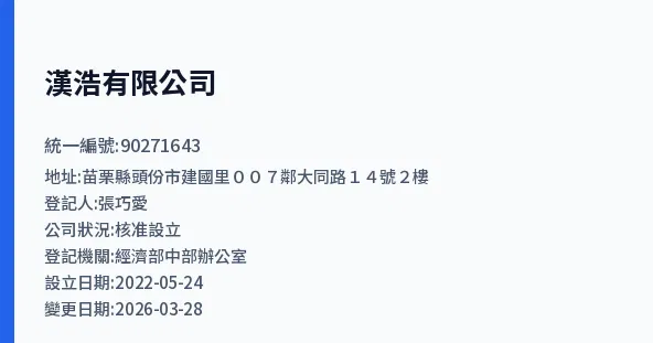漢浩有限公司的照片-統編 90271643(苗栗縣) 公司登記資料與營業項目詳細圖表