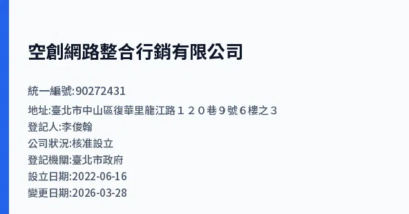 空創網路整合行銷有限公司的照片-統編 90272431(臺北市) 公司登記資料與營業項目詳細圖表