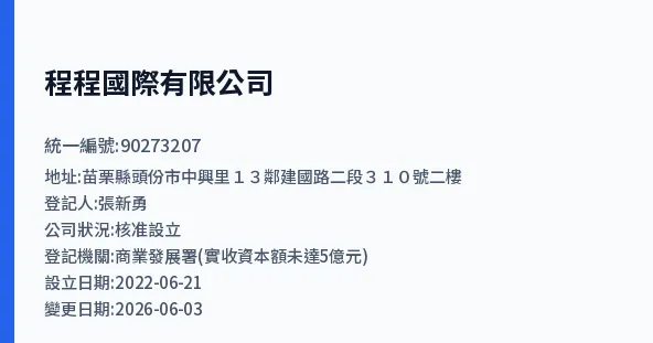 程程國際有限公司的照片-統編 90273207(苗栗縣) 公司登記資料與營業項目詳細圖表