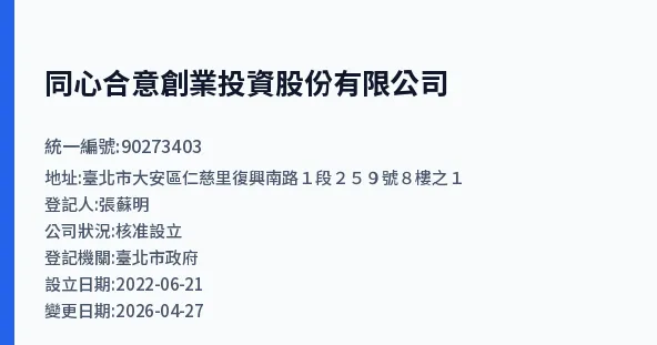 同心合意創業投資股份有限公司的照片-統編 90273403(臺北市) 公司登記資料與營業項目詳細圖表