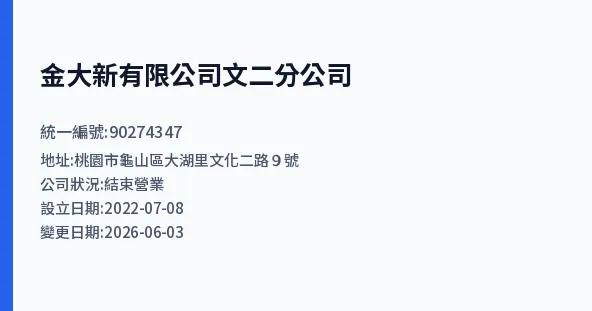 金大新有限公司文二分公司的照片-統編 90274347(桃園市) 公司登記資料與營業項目詳細圖表