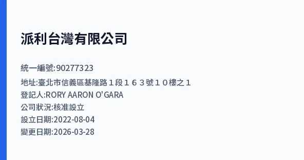 派利台灣有限公司的照片-統編 90277323(臺北市) 公司登記資料與營業項目詳細圖表