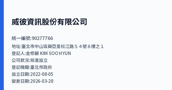 威彼資訊股份有限公司的照片-統編 90277766(臺北市) 公司登記資料與營業項目詳細圖表