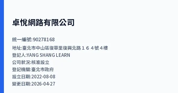 卓悅網路有限公司的照片-統編 90278168(臺北市) 公司登記資料與營業項目詳細圖表