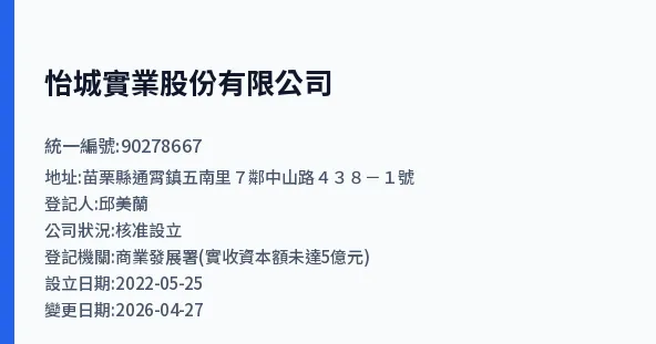 怡城實業股份有限公司的照片-統編 90278667(苗栗縣) 公司登記資料與營業項目詳細圖表