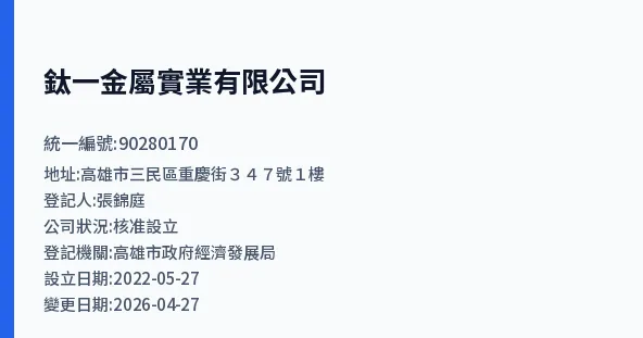 鈦一金屬實業有限公司的照片-統編 90280170(高雄市) 公司登記資料與營業項目詳細圖表
