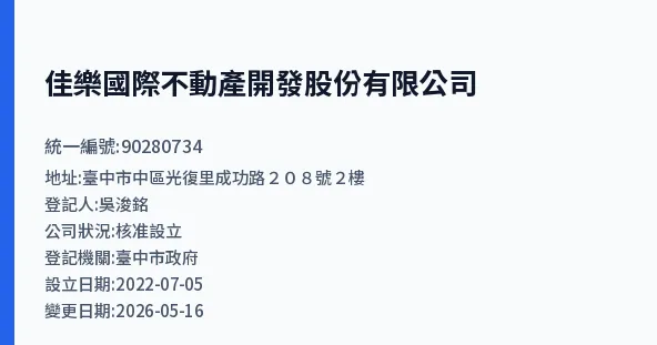 佳樂國際不動產開發股份有限公司的照片-統編 90280734(臺中市) 公司登記資料與營業項目詳細圖表
