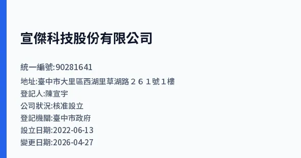 宣傑科技股份有限公司的照片-統編 90281641(臺中市) 公司登記資料與營業項目詳細圖表