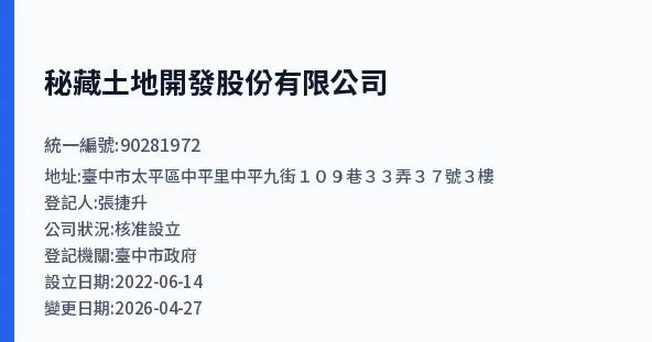 秘藏土地開發股份有限公司的照片-統編 90281972(臺中市) 公司登記資料與營業項目詳細圖表