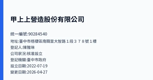 甲上上營造股份有限公司的照片-統編 90284540(臺中市) 公司登記資料與營業項目詳細圖表
