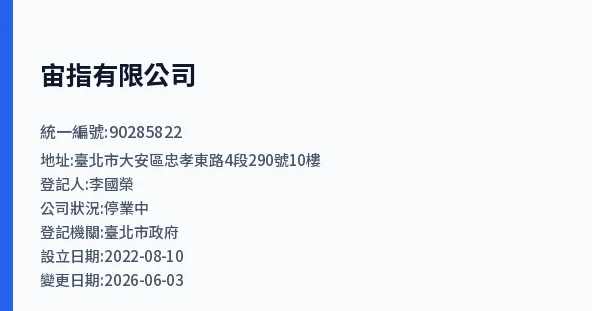 宙指有限公司的照片-統編 90285822(臺北市) 公司登記資料與營業項目詳細圖表