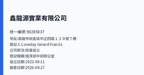 鑫龍源實業有限公司的照片-統編 90285837(高雄市) 公司登記資料與營業項目詳細圖表