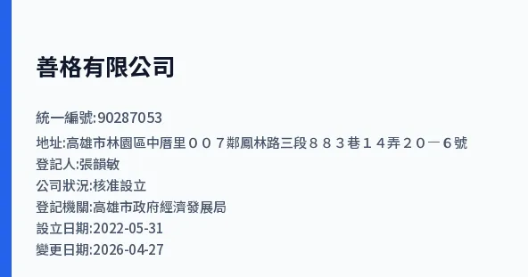 善格有限公司的照片-統編 90287053(高雄市) 公司登記資料與營業項目詳細圖表