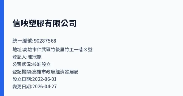 信映塑膠有限公司的照片-統編 90287568(高雄市) 公司登記資料與營業項目詳細圖表